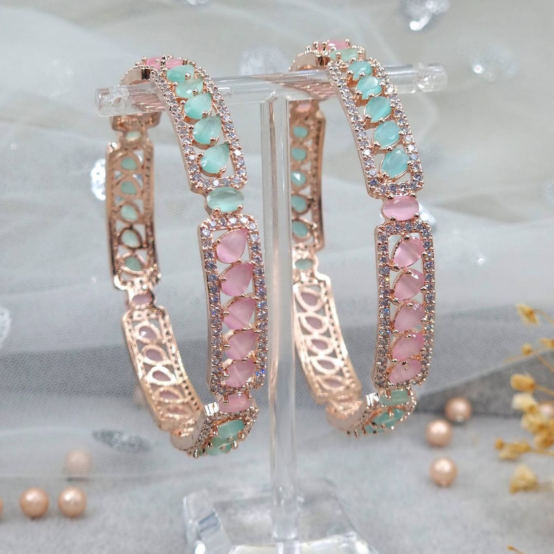 Beautiful Mint & Pink Stone in Rose Gold Plating American Diamond CZ Bangles/kangan, Bangles Set ...