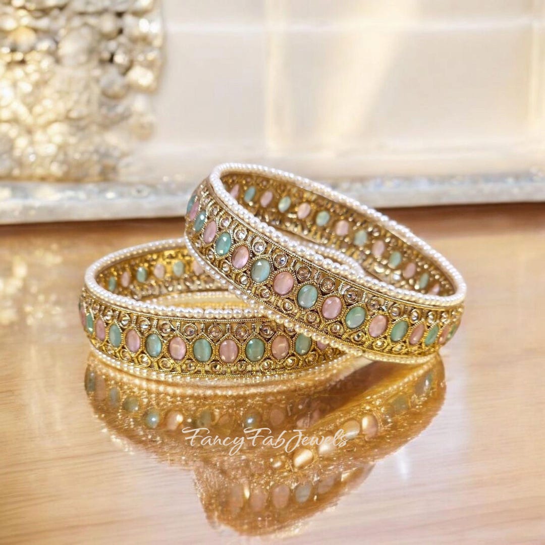 Hira Antique Gold Pink Mint Polki Pearl Stone Bangles, Bridal Bangle ...