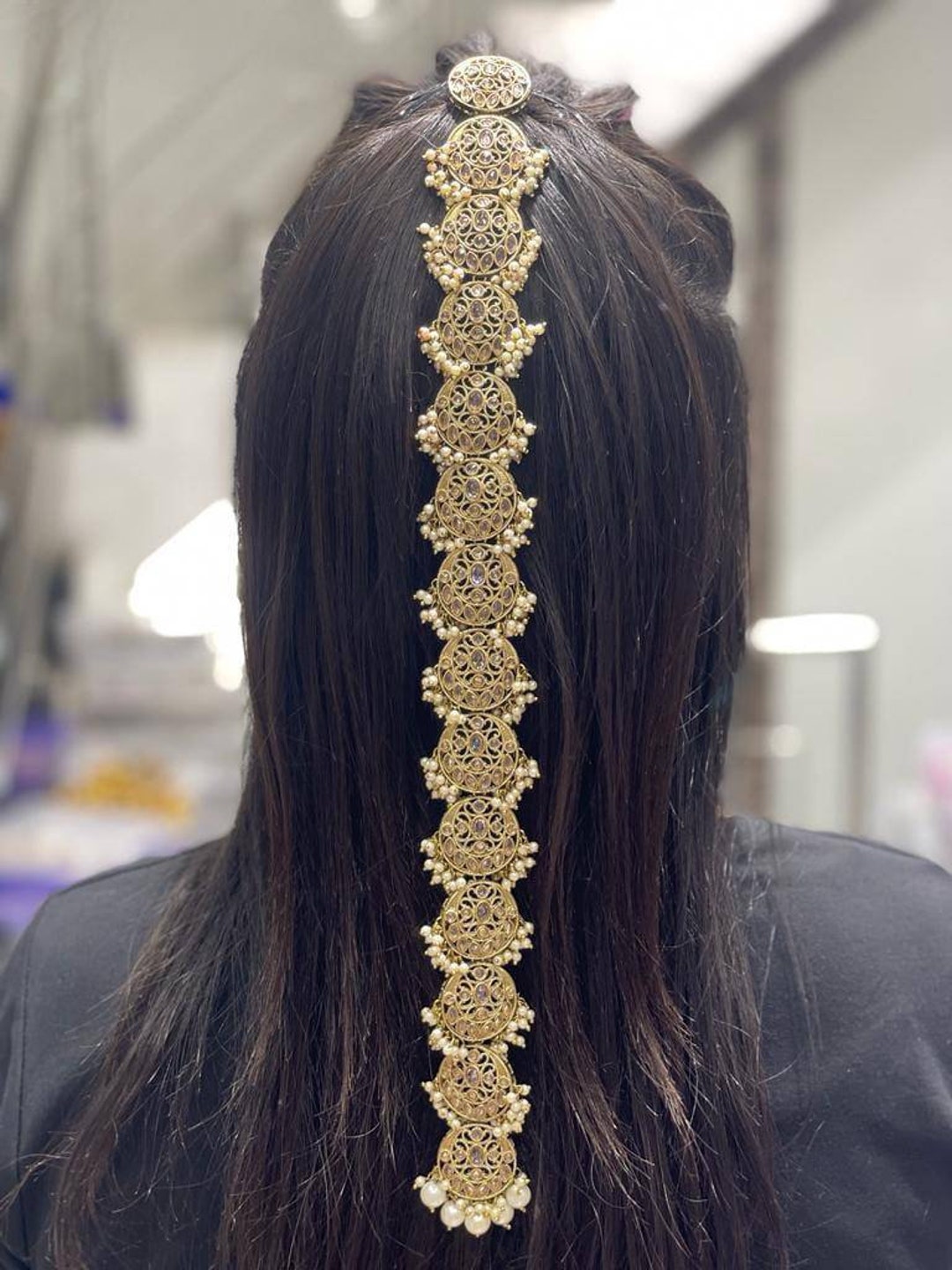 Seema Antique Gold Polki Stone & Pearl Plait Piece, Choti/ Hair ...