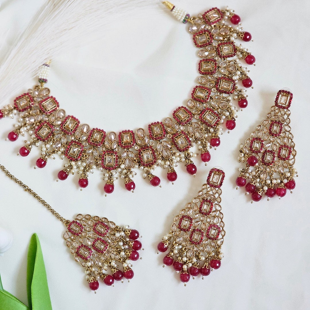 Diamond Polki Choker Necklace Set: Bridal Jewelry With Earrings & Maang ...