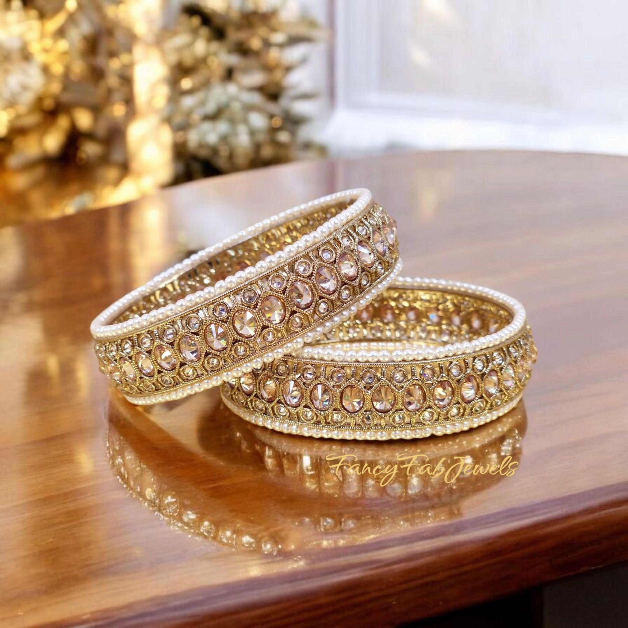 Gold Plated Pearl Bangles: Indian Pakistani Bridal Jewelry Polki Kada ...