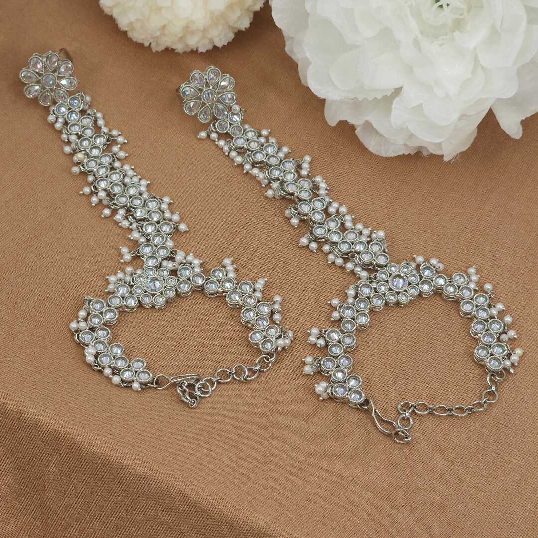 Indian Pakistani Silver Plated Pearl Haath Phool, CZ Bridal Hand ...