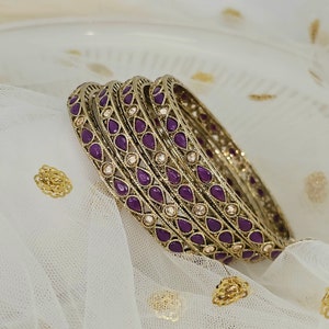 Bangle Set Polki Pearl Stone Antique Gold Indian Asian Bridal Churiyan Bangles Bride Bridesmaid ...