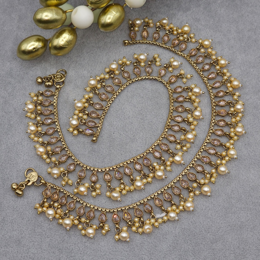 Pearl Kundan Bridal Anklet With Bells: Gold Plated Moti Payal - Etsy