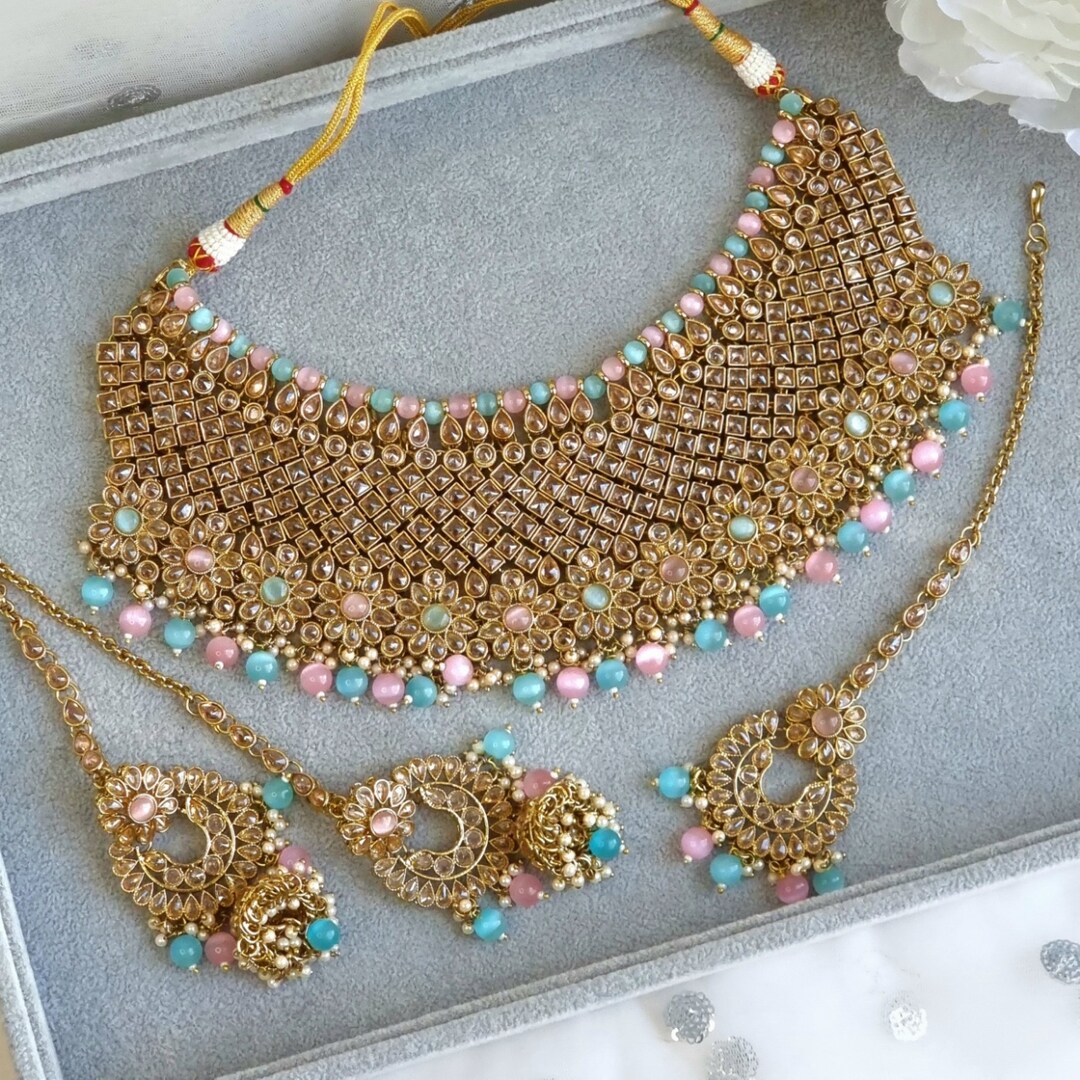 Asma Antique Gold Baby Pink & Blue Polki Coller Choker Necklace Set. A ...