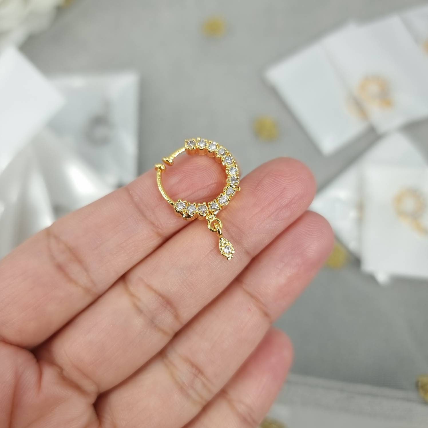 1.5 cm Gold and Silver Noori American Diamond Small Nose Ring Nose Hoop Nath Indian Jewellery Pakistani Jewellery