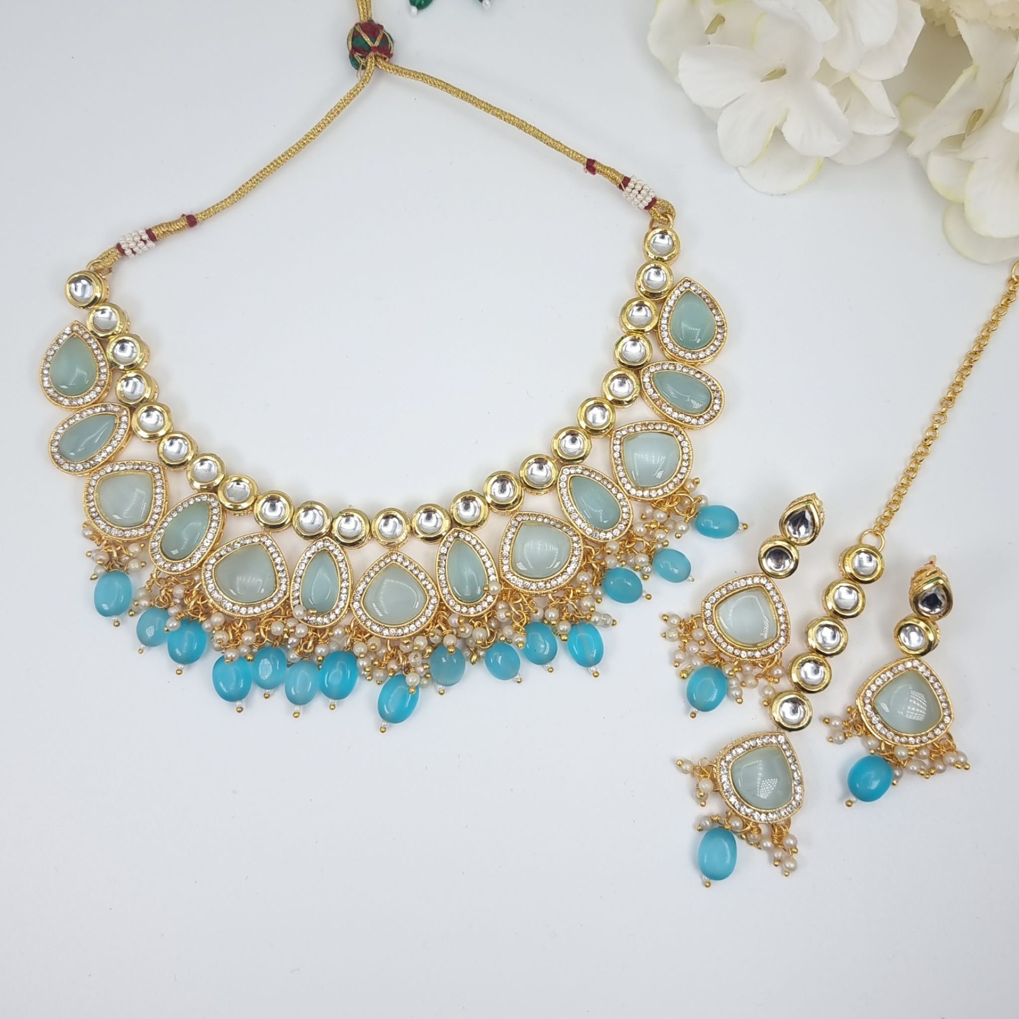 FancyFabJewels Nimra Kundan Necklace Set with Earrings and Tikka Jadau Kundan Set Blue Kundan Set Kundan Jewellery Set Necklace