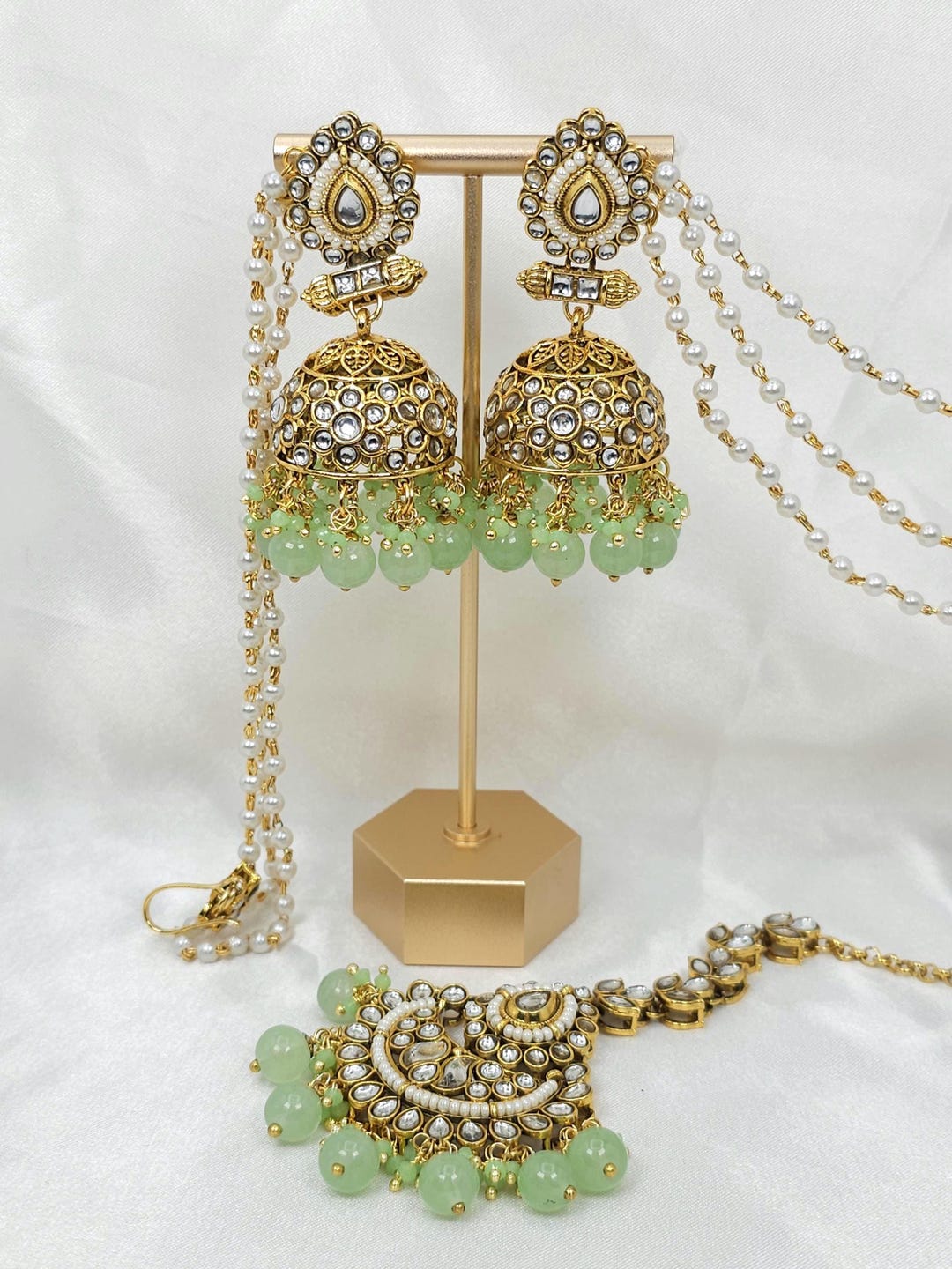 Roma Green Gold Kundan Jhumka Earrings Mangtikka Set, Indian Asian ...