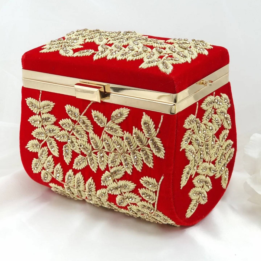 Ameera Red Gold Designer Zardosi Work Indian Bridal Box Clutch for ...