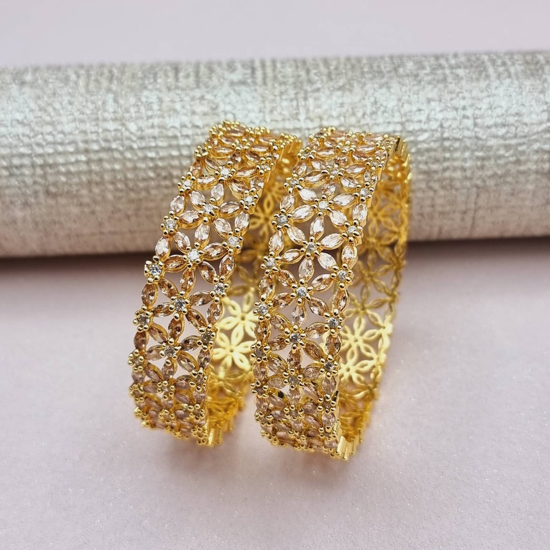 Gold Plated American Diamond CZ Indian Asian Bangle Set, Chooriyan ...