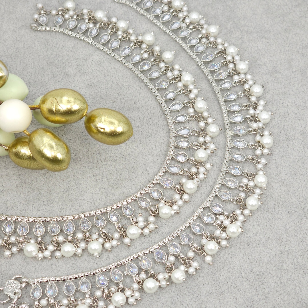Pair of Silver Plated Polki Bridal Anklets With Pear Accents, Jhanjara ...