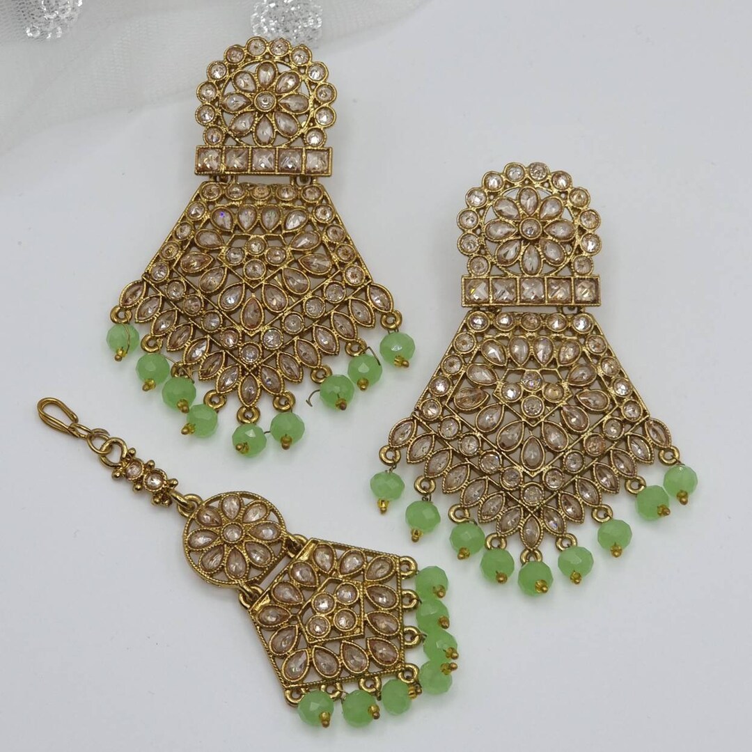 Rimsha Indian Pakistani Mint Green Errings and Tikka Set, Punjabi ...