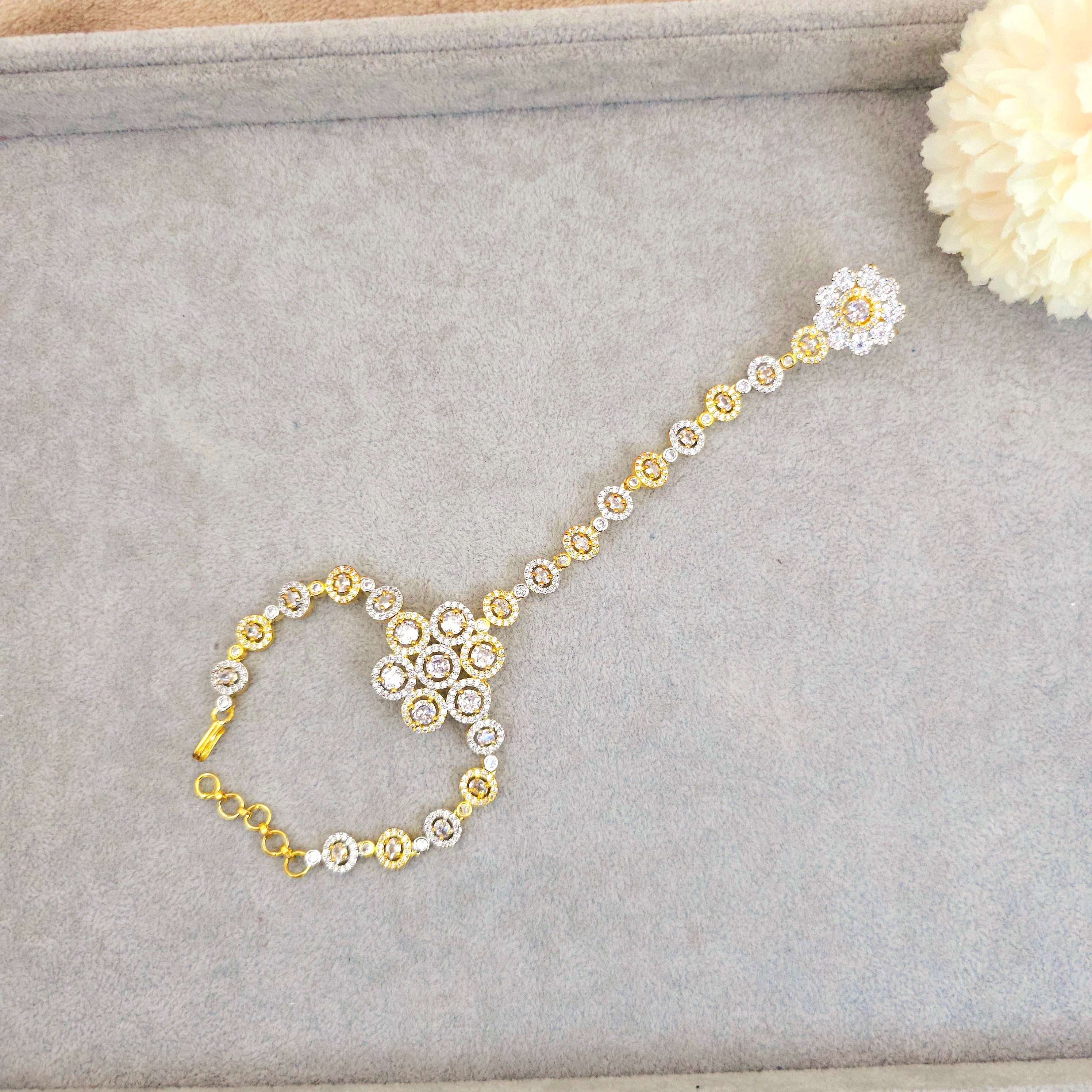 Gold CZ Hand Chain Bracelet With Ring, Bridal Hathphool Hand Harness ...