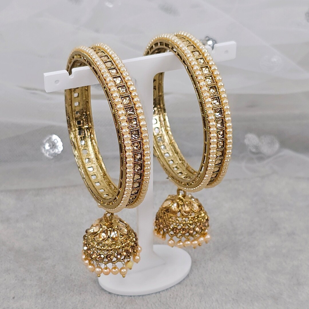 Antique Gold Stone and Pearl Jhumka Bangle Set: Indian Pakistani ...