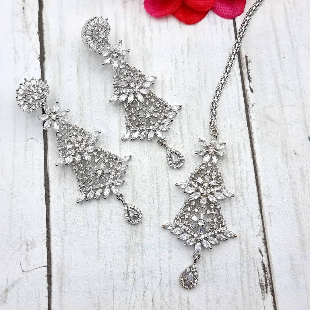 Silver American Diamond CZ Tikka Set Chandbali Style Earrings and Tikka ...