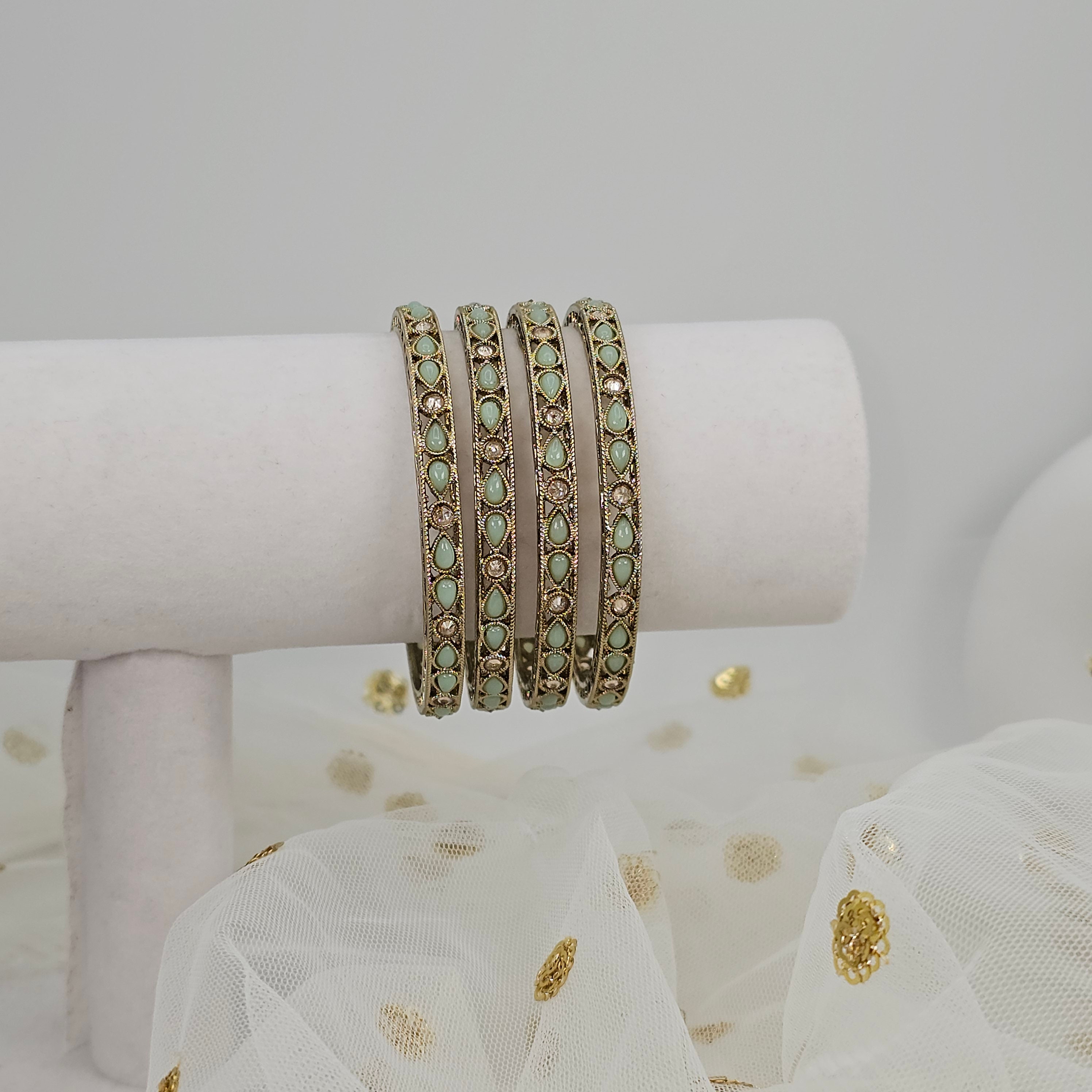 Bangle Set Polki Pearl Stone Antique Gold Indian Asian Bridal Churiyan ...