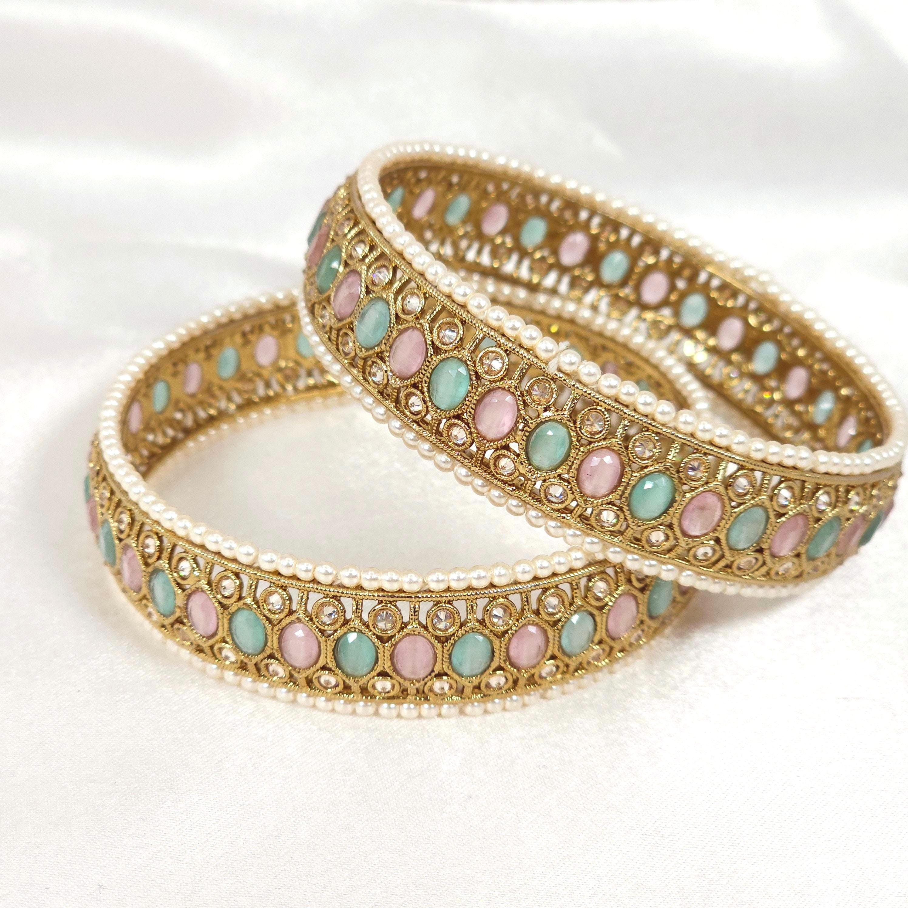 Gold Plated Pearl Bangles: Indian Pakistani Bridal Jewelry Polki Kada ...