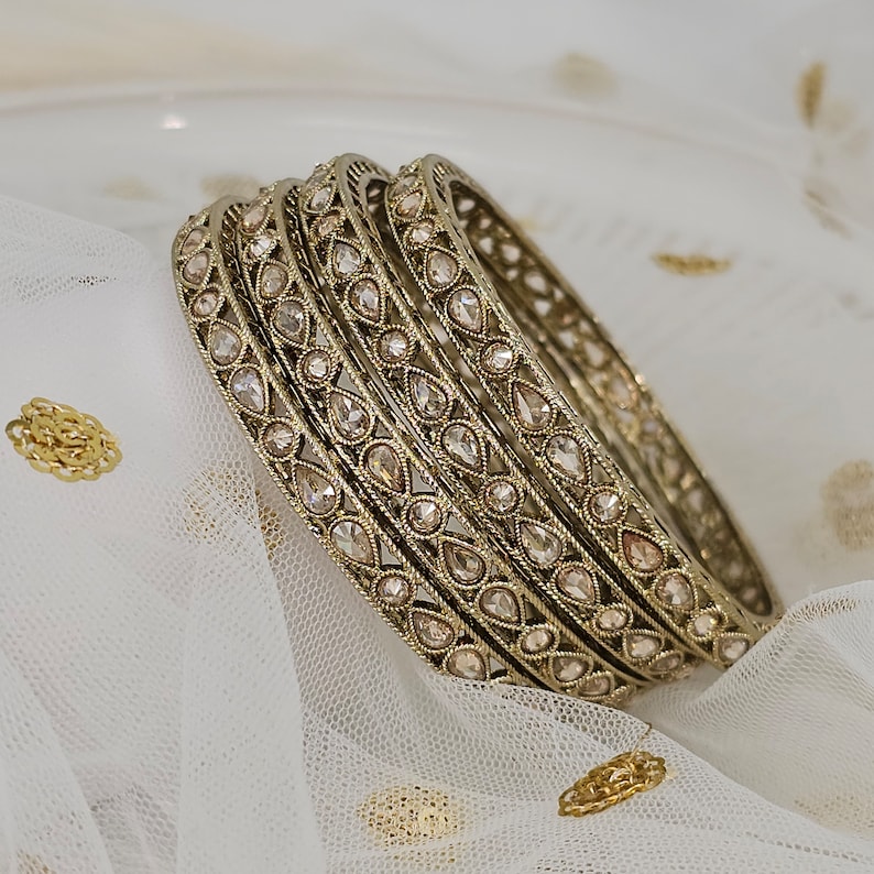 Bangle Set Polki Pearl Stone Antique Gold Indian Asian Bridal Churiyan Bangles Bride Bridesmaid ...