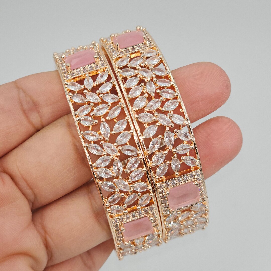 Bangle Set: Rose Gold Pink American Diamond CZ Chunky Kangan Bangles ...