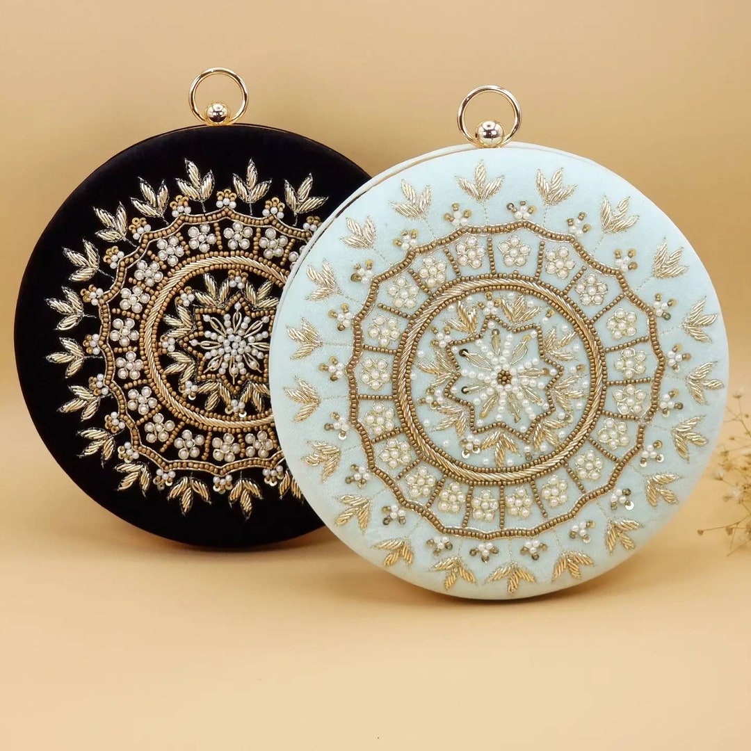 Black Embroidered Round Bridal Clutch Bag Evening Purse for Bride ...