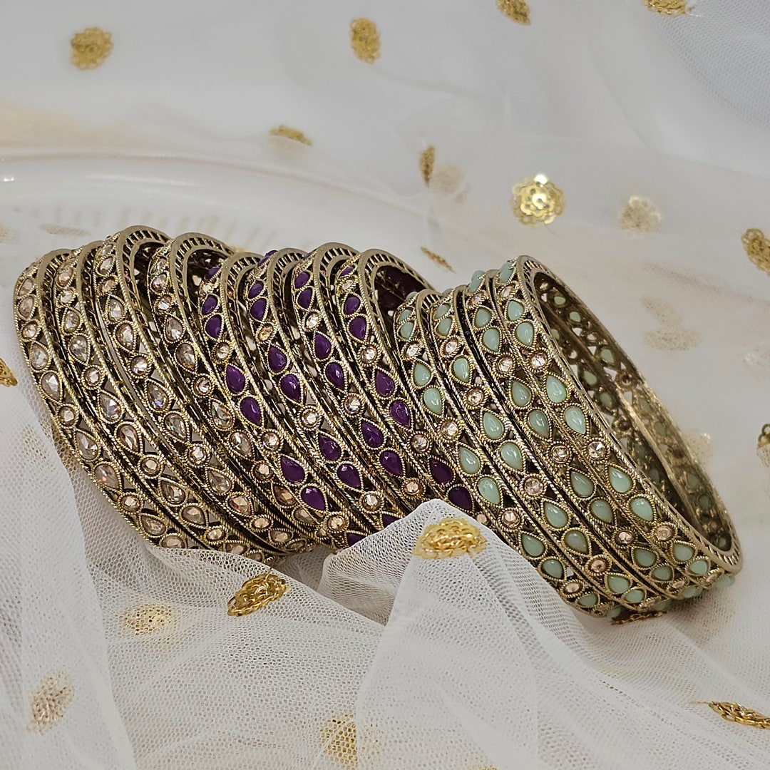 Bangle Set Polki Pearl Stone Antique Gold Indian Asian Bridal Churiyan ...