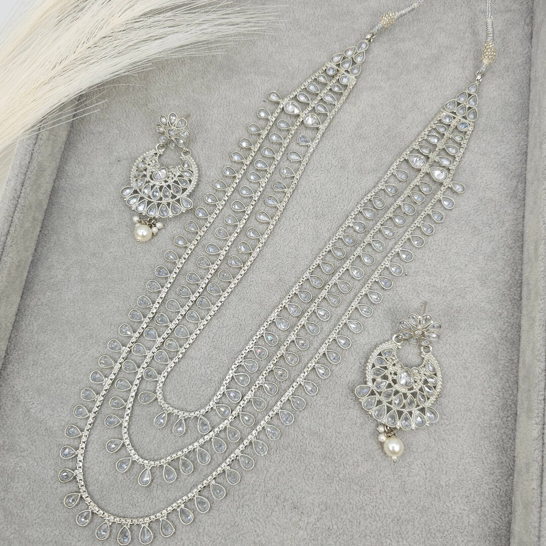 Zeenat Silver Rani Haar Set, Long Indian Mala Set, Indian Necklace Set ...