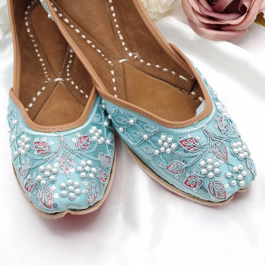 Fizza Light Blue Beaded Mojries With Pearl and Seqine Work Bridal ...