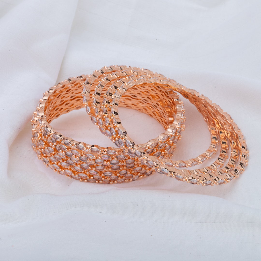Set of 12 Rose Gold American Diamond CZ Fine Bangles, Choodiyan Bangles ...