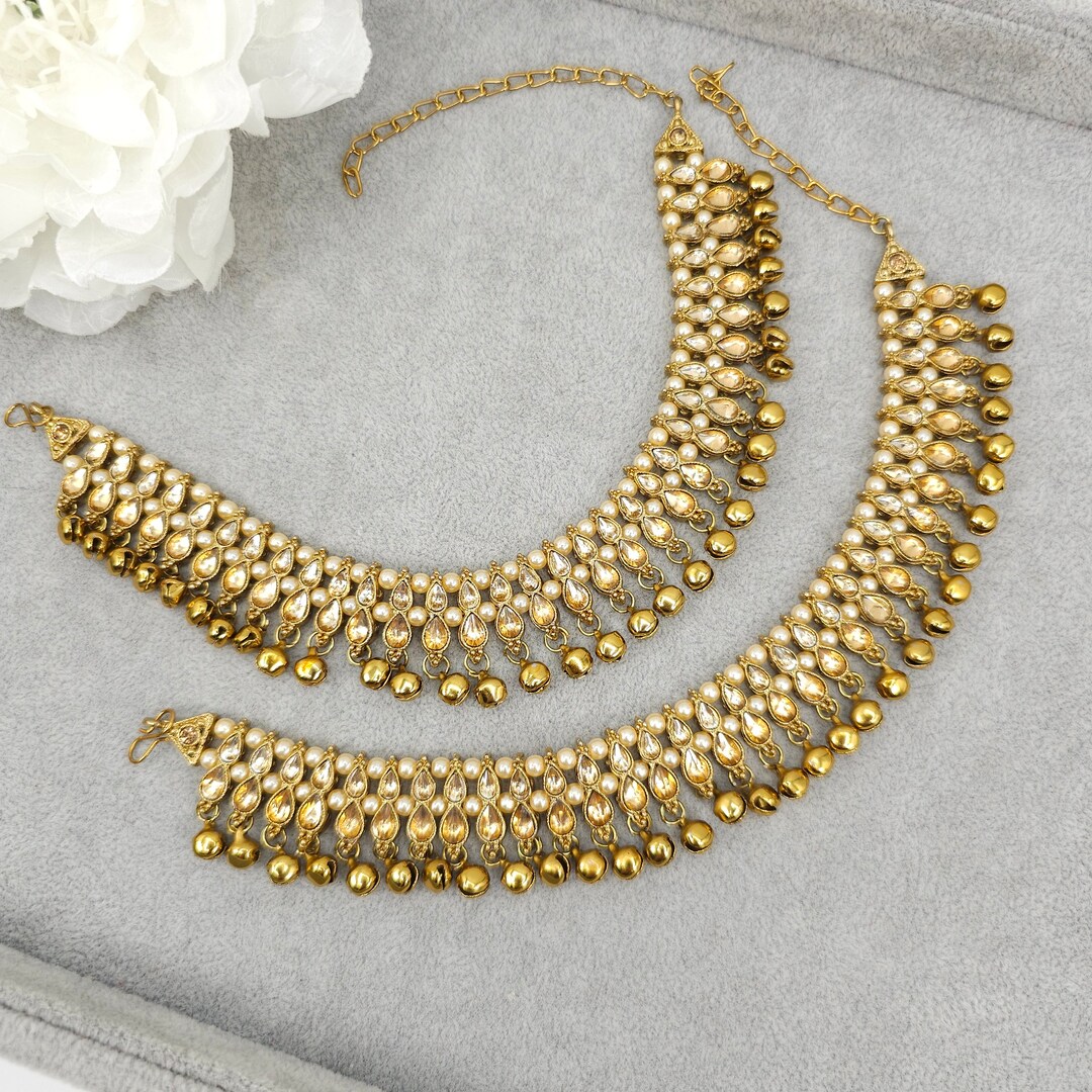 Antique Gold Finish Polki Statement Indian Asian Anklets With Bell ...