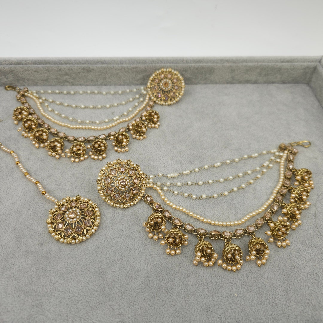 Manika Antique Gold Polki Pearl Stud With Chain Sahara Bahubali ...