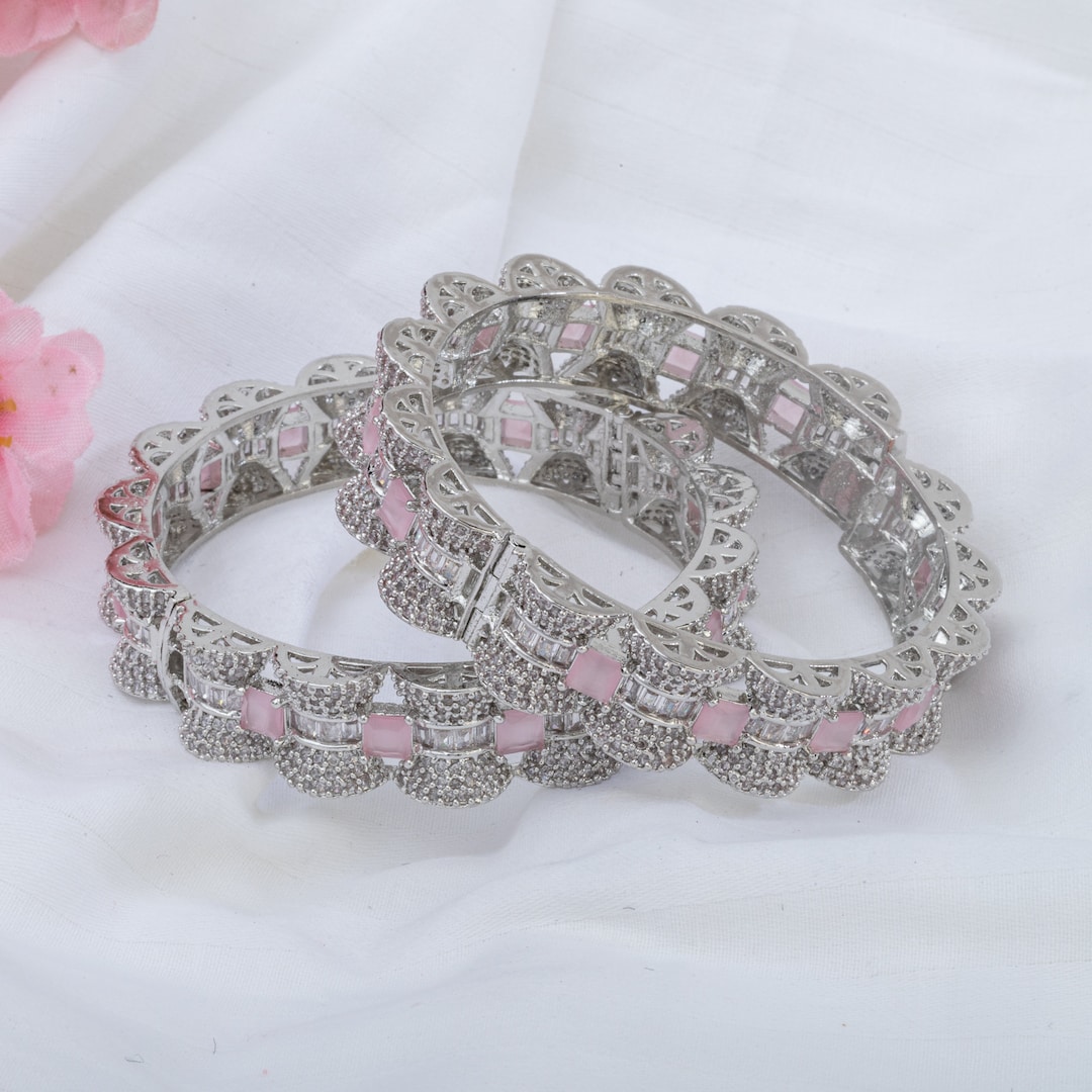 Buy Selma Pink Silver Openable American Diamond Pacheli Kangan Bangles ...