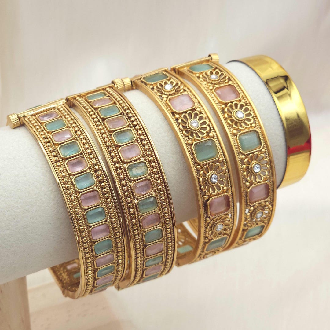 Mint Pink Gold Bangle Set: Indian Bangles, Openable Kada Bangle ...