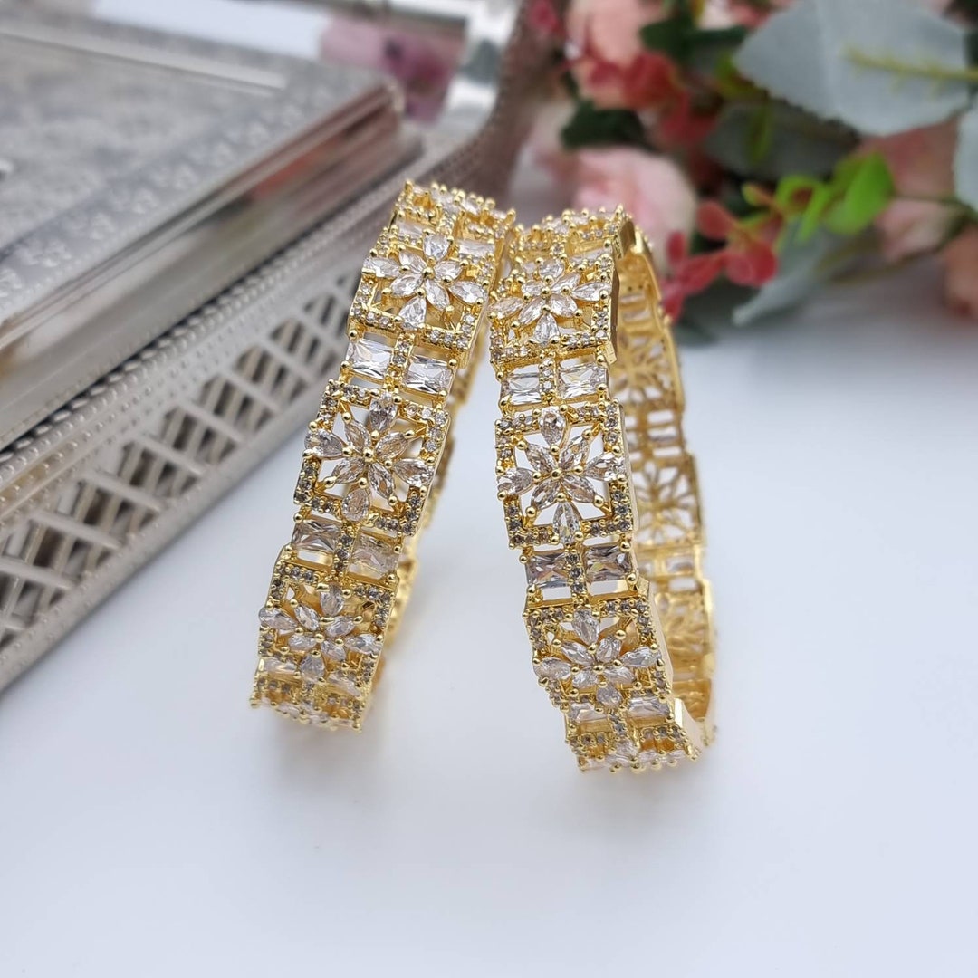 Gold Plated Bangle Set: American Diamond Floral Chuda, Indian Bridal ...