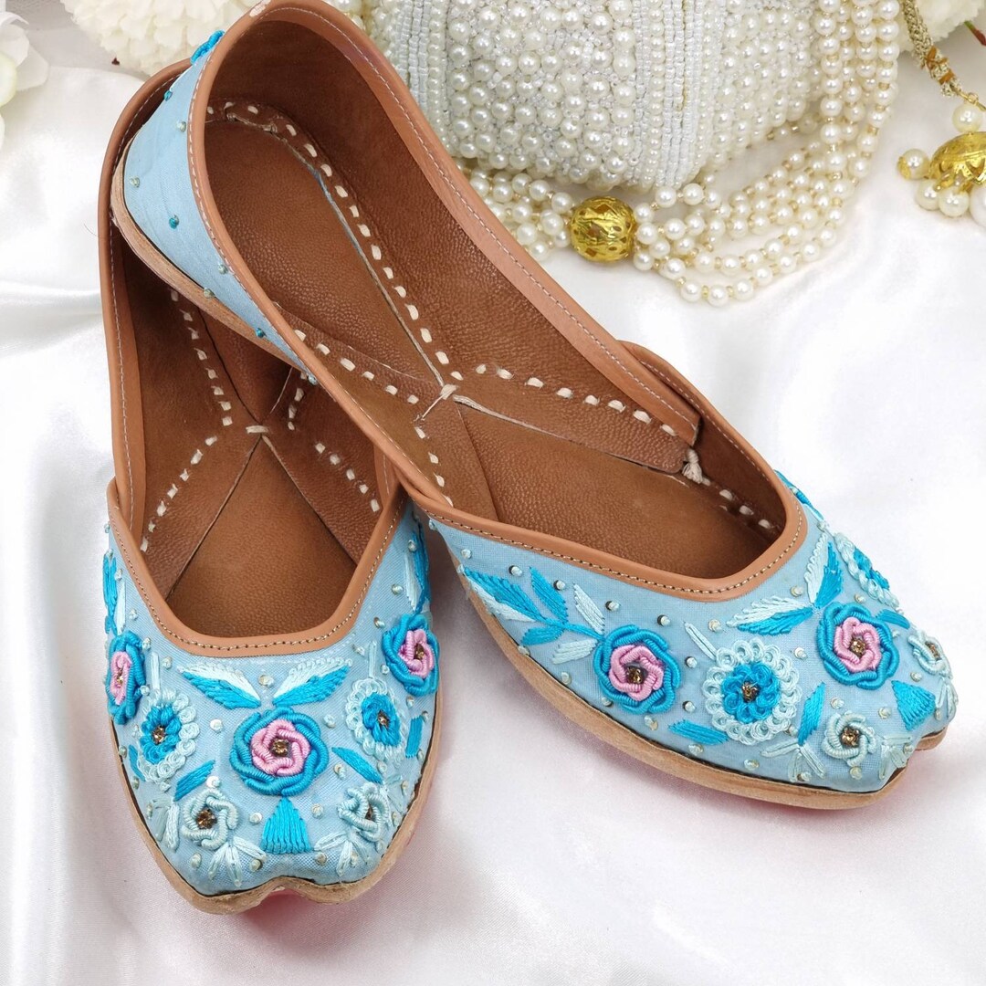 Handmade Floral Punjabi Jutti: Light Blue Embroidered Mojari (size 4 UK ...