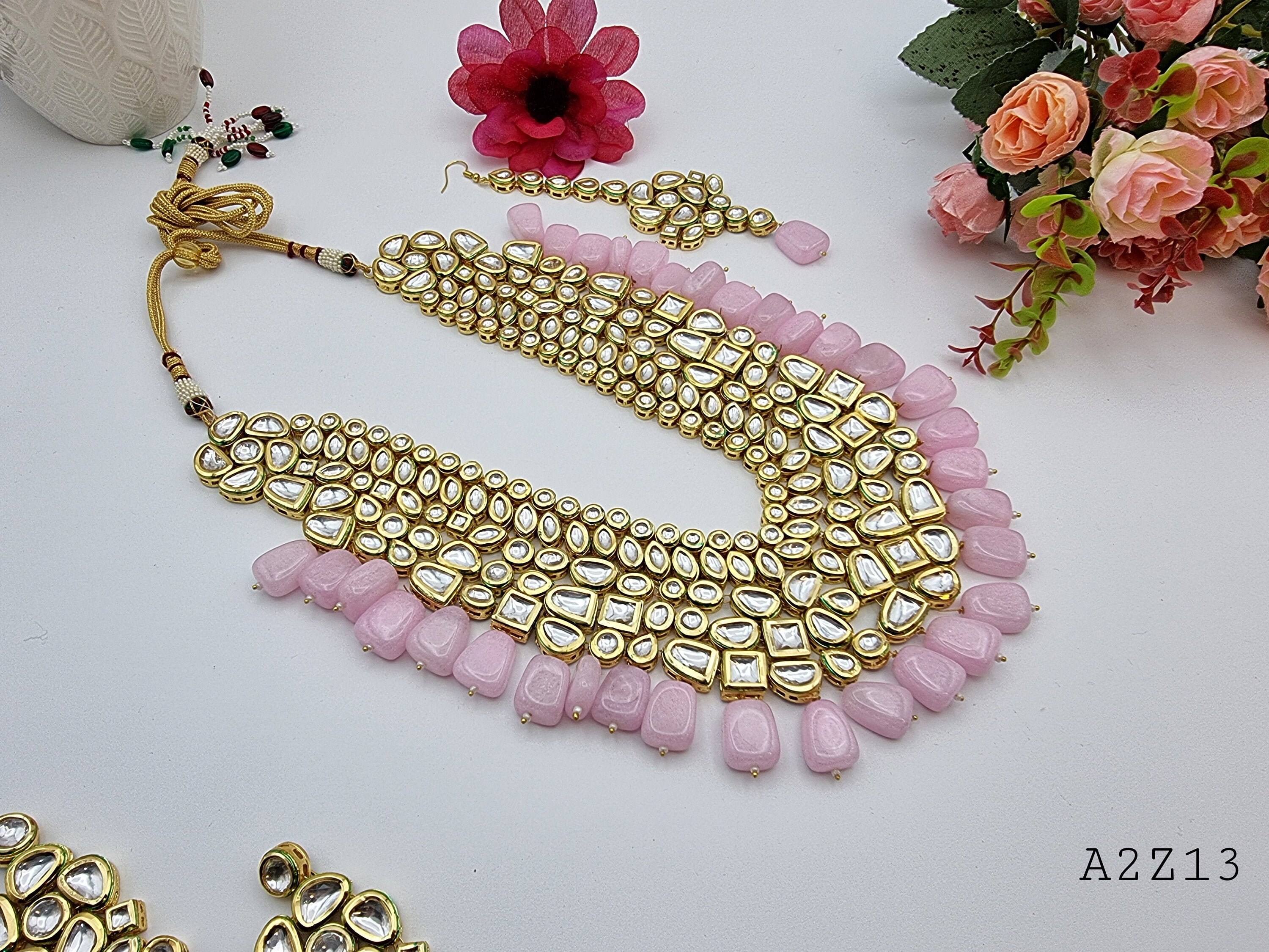 Gold Pink Kundan Bridal Jewelry Set: Indian Pakistani Necklace With ...