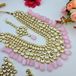 Gold Pink Kundan Bridal Jewelry Set: Indian Pakistani Necklace With ...