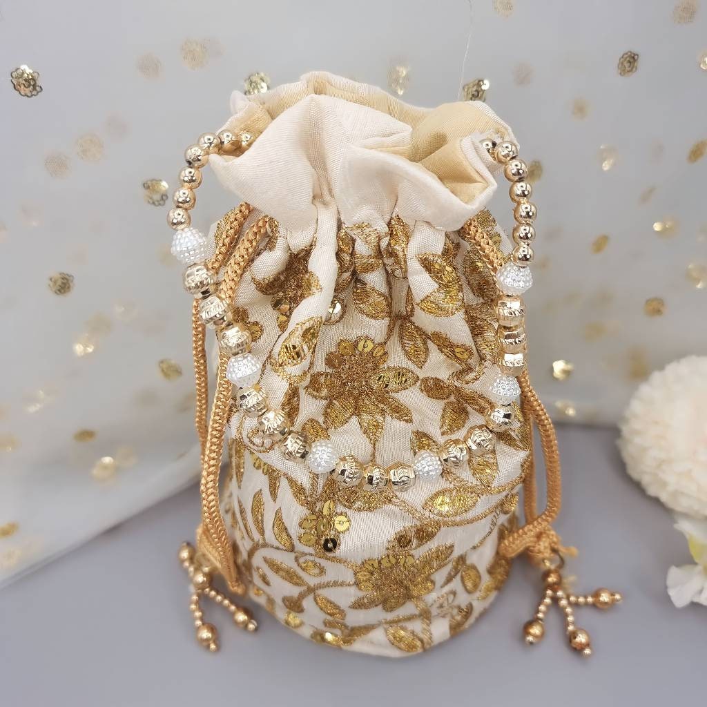 Sona Gold Embriodered Batwa Indian Bridal Potli Bag With Detailed Pearl ...