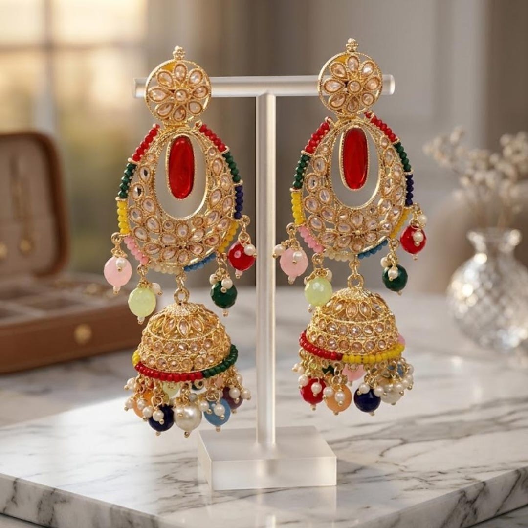 Multicolor Polki Long Jhumka Earrings, Antique Gold Statement Earrings ...