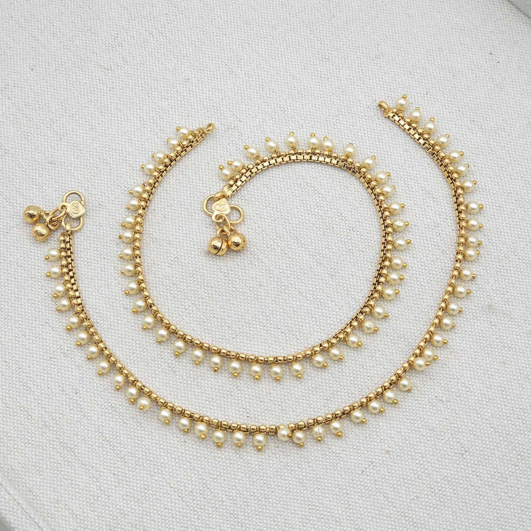 Gold Plated Pearl Anklets, Beaded Anklets for Women, Dainty Chain ...