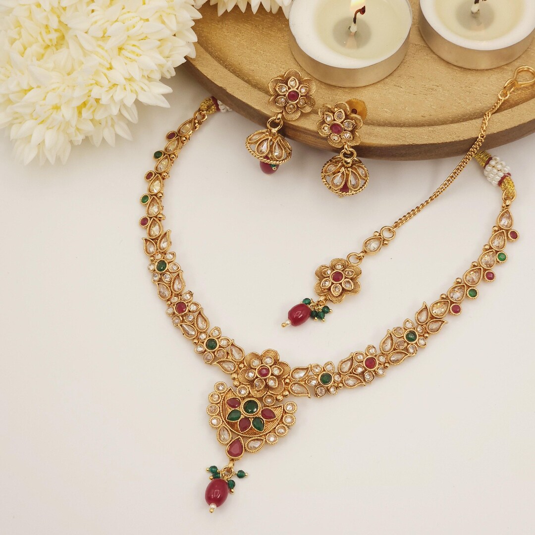 Simran Gold Plated Polki Necklace Set With Jhumki Earrings and Maang ...