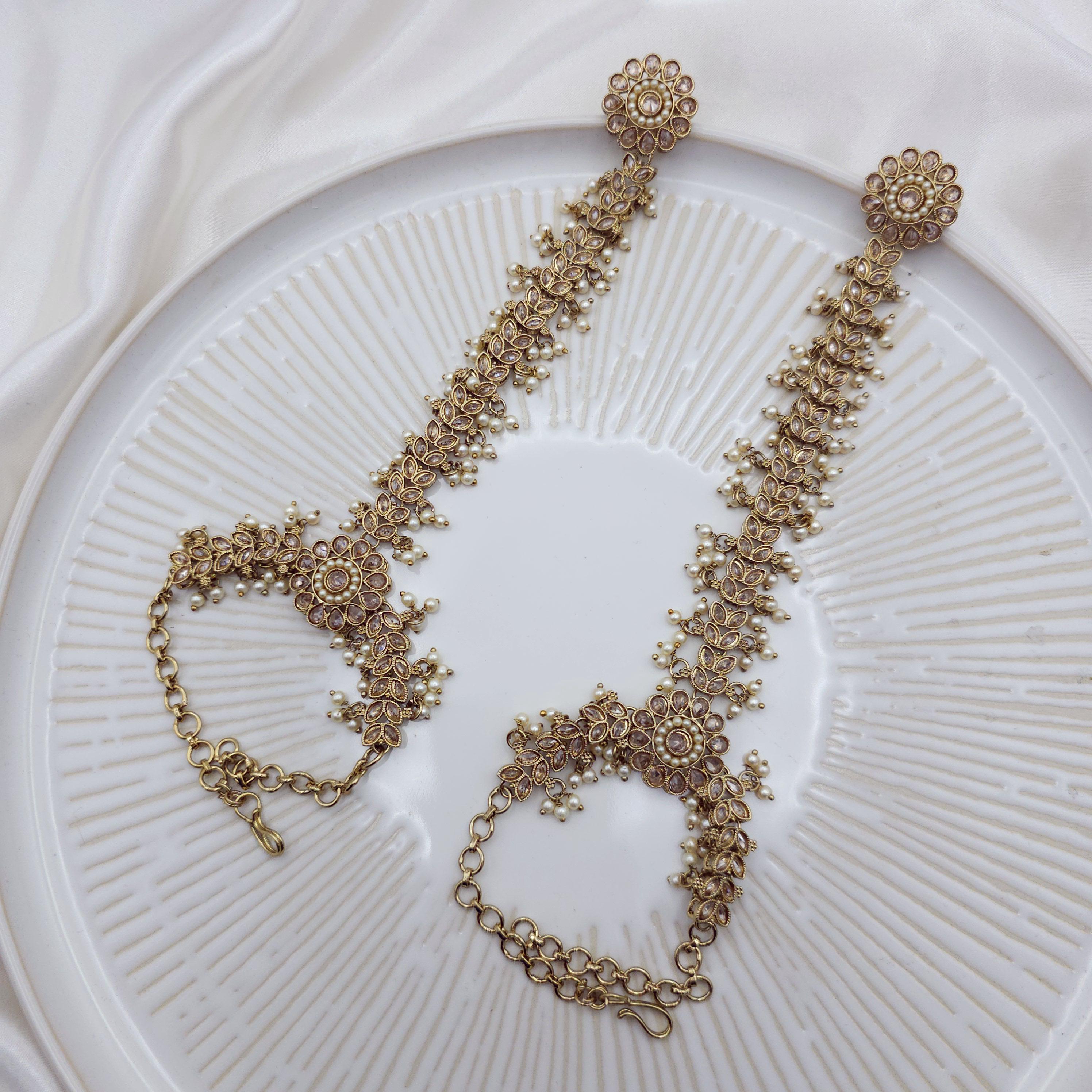 Polki Pearl Bridal Hathphool: Gold & Silver Hand Chain Ring Bracelet ...
