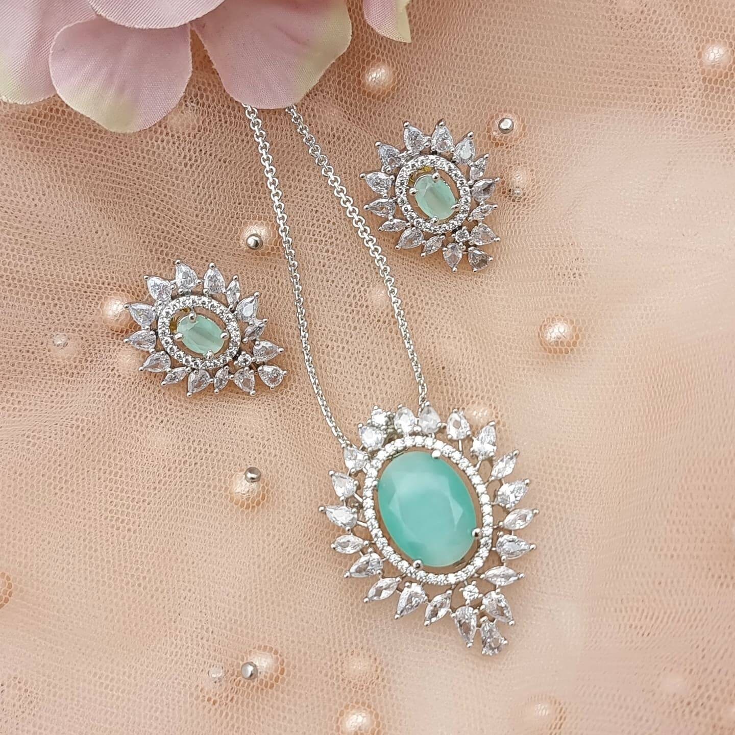 American Diamond CZ Pandent Necklace Set With Stud Earrings. - Etsy