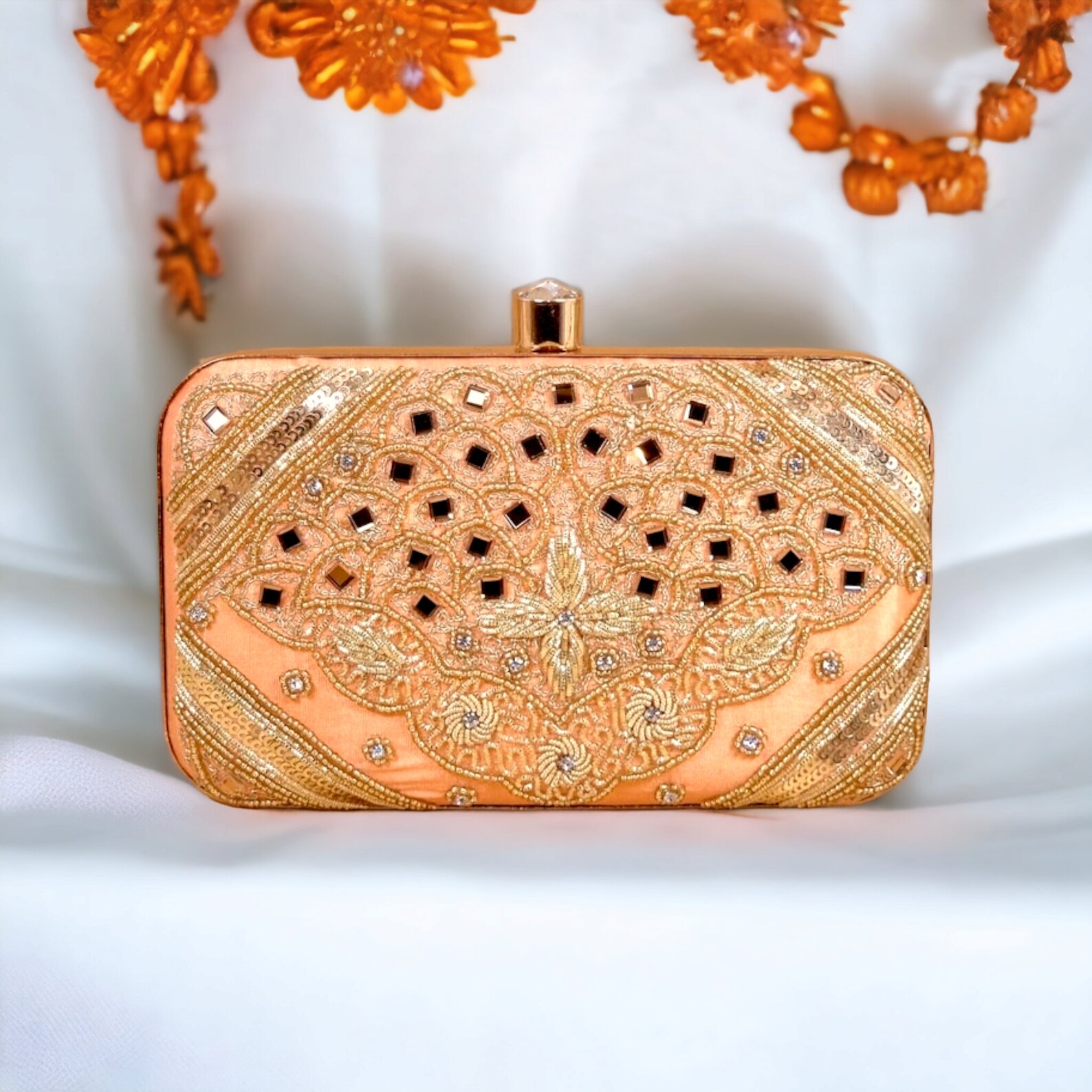 Rutba Peach Gold Designer Pearl Work Indian Bridal Clutch Bag, Evening ...