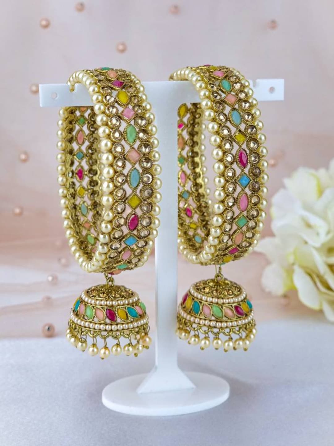 Rimi Pair of Multi Colour Antique Gold Plated Jhumka Bangle Set ...