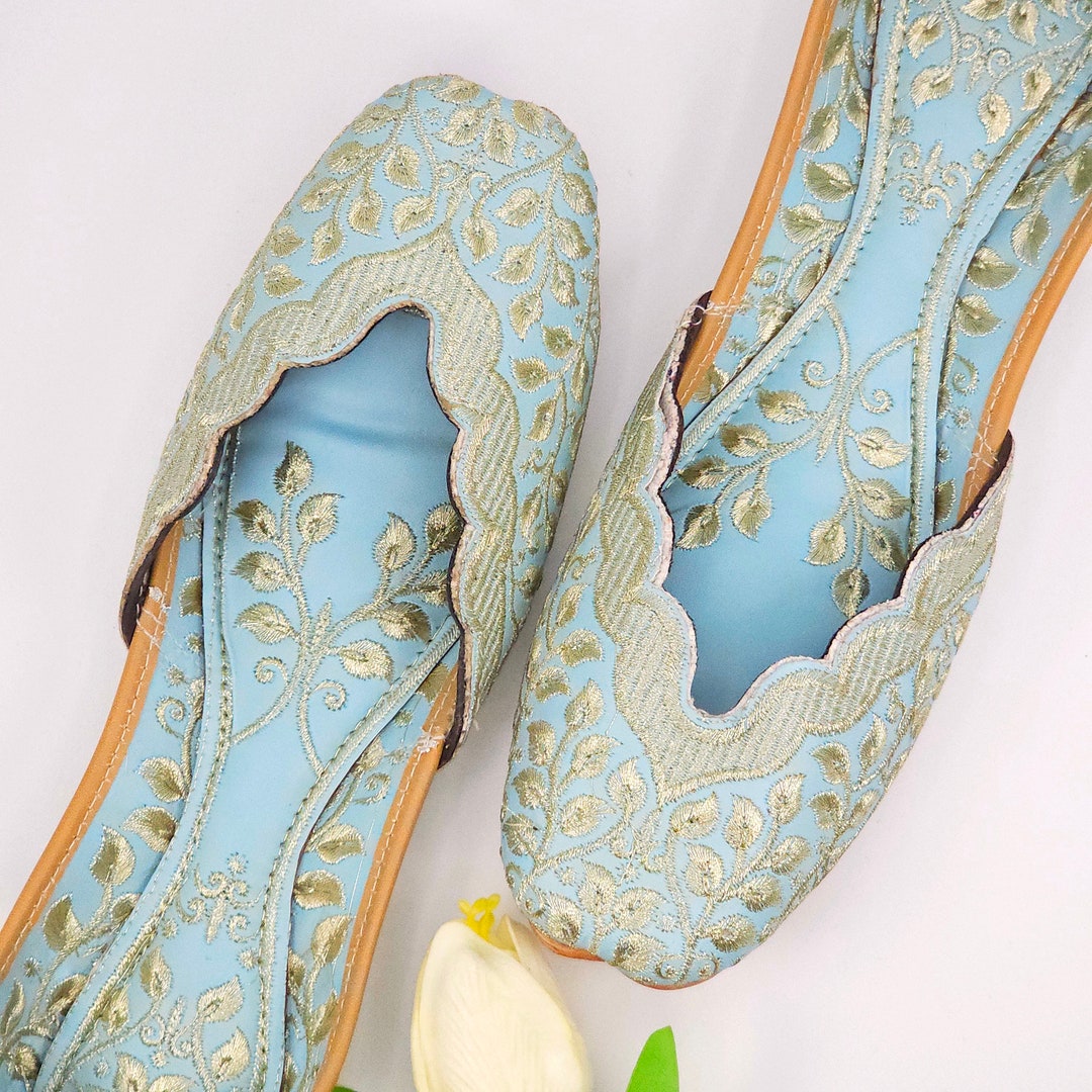 Light Blue Womens Double Cushion Zari Work Handcrafted Jutti, Indian ...
