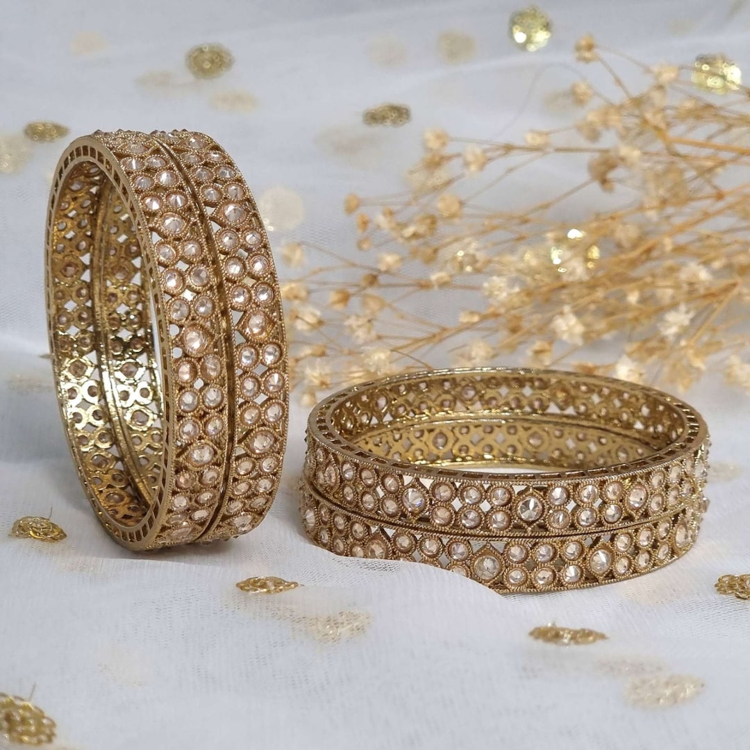 Antique Gold Polki Indian Bangle Set, Bangle Stack, Indian Asian ...
