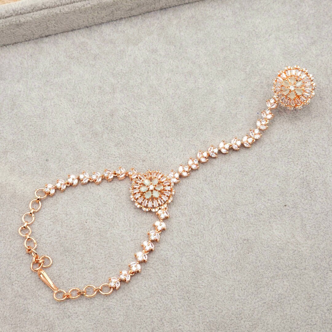 Erin Hathphool Rose Gold Mint Hand Chain Ring Finger Bracelet, Gift for ...