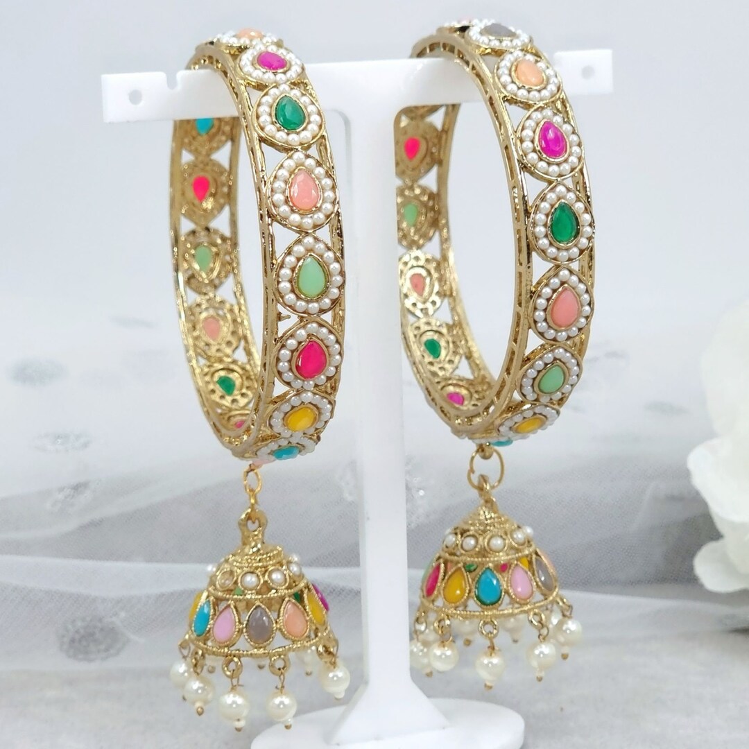 Pair of Multi Colour Antique Gold Stone RIMI Indian Asian Bangle Set ...