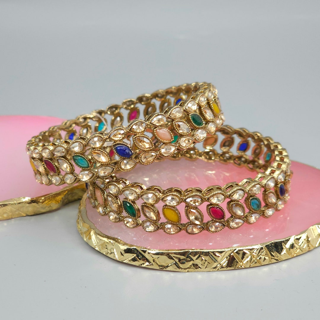 Radiyah Multi Colour Antique Gold Plated Jhumka Bangle Set / Bangles ...