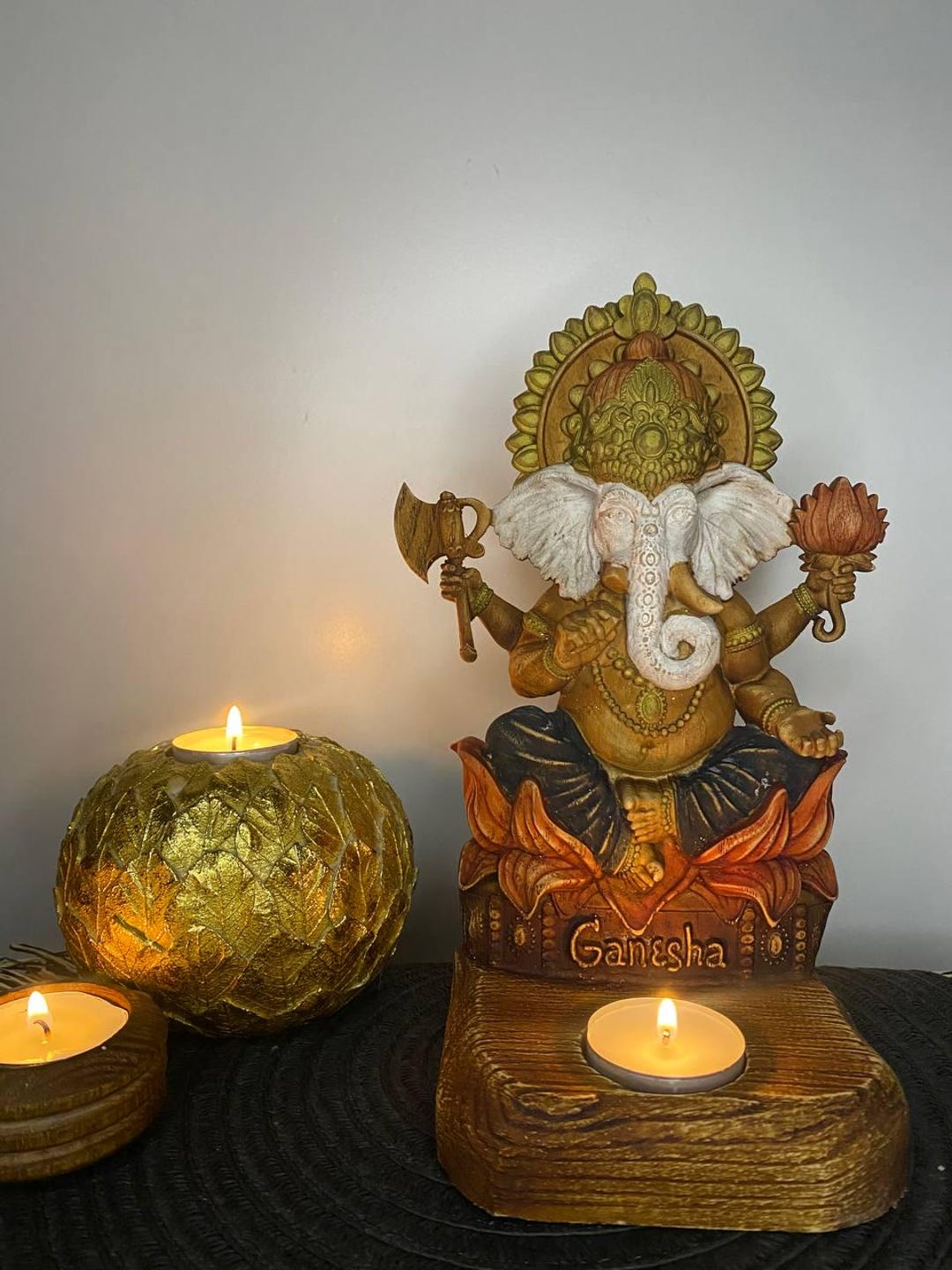 Hand-painted Ganesha Statue: Wooden Hindu Altar With Candle Holder - Etsy